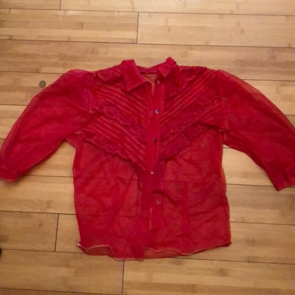 Tops | Vintage Red Blouse Sheer Sz S | Poshmark
